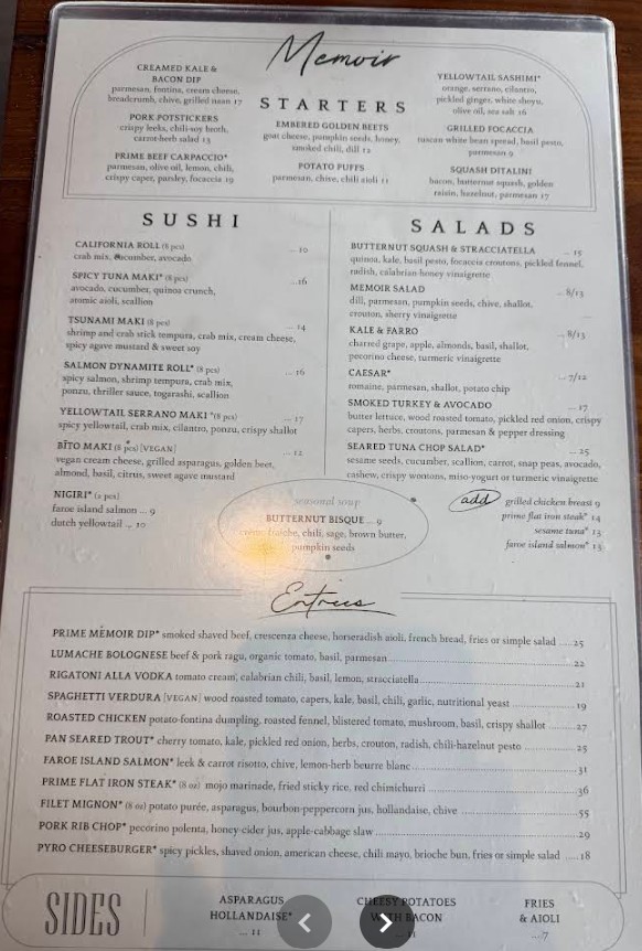 Memoir Restaurant Menu | Fine Dining in Omaha, NE